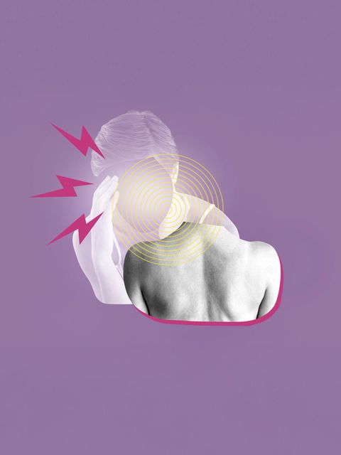 Illustration: Frau mit Migräne und eine Schulter mit Rücken