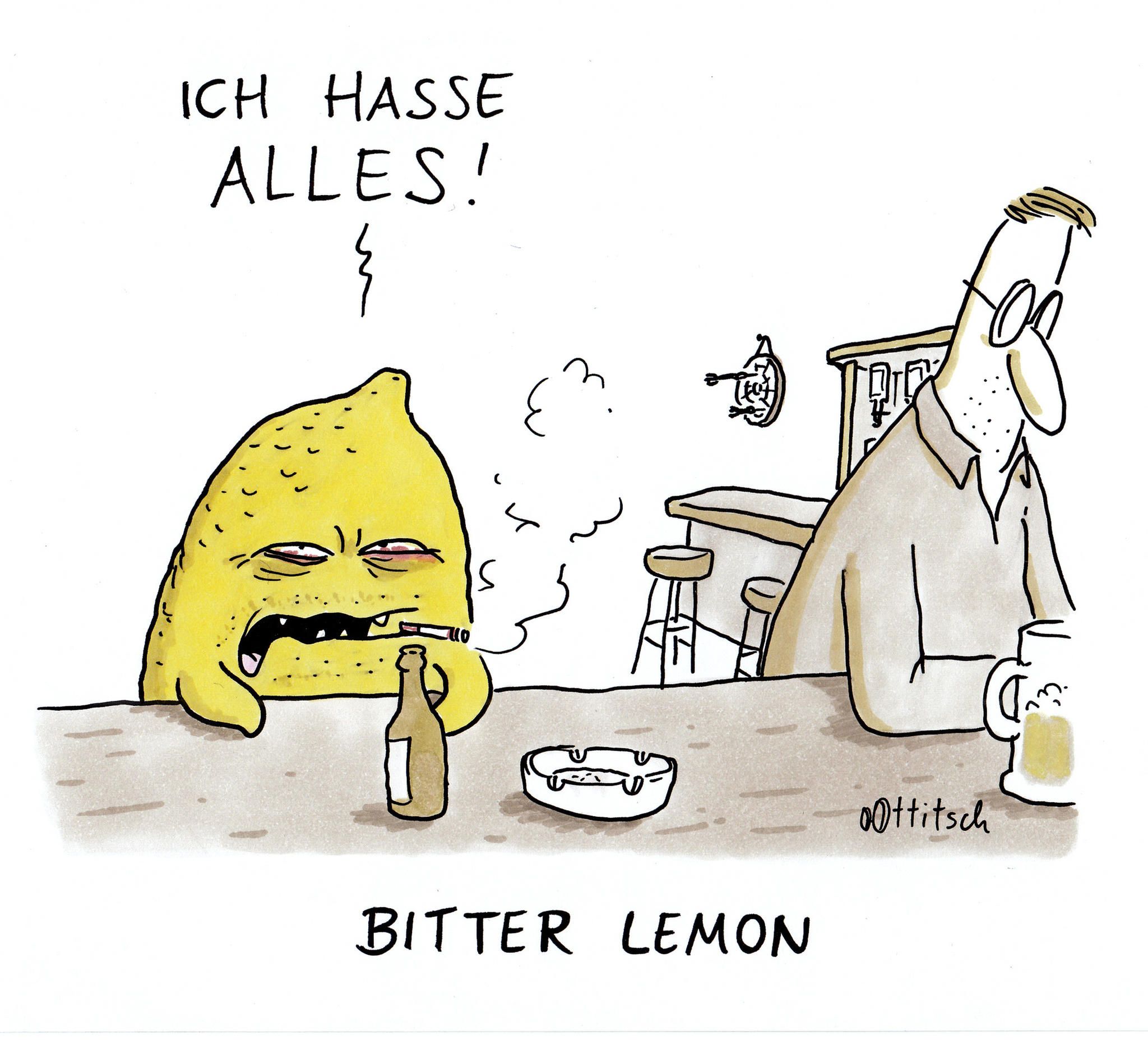 Cartoons von Oliver Ottitsch: Was macht die Bitter Lemon in der Kneipe ...