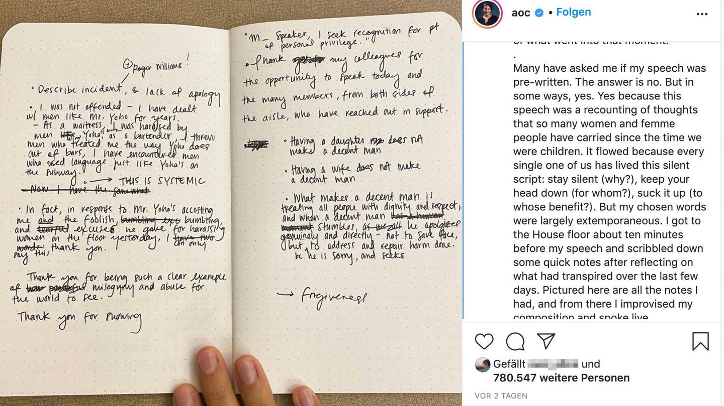 Alexandria Ocasio-Cortez postet Notizen zu ihrer Rede | STERN.de